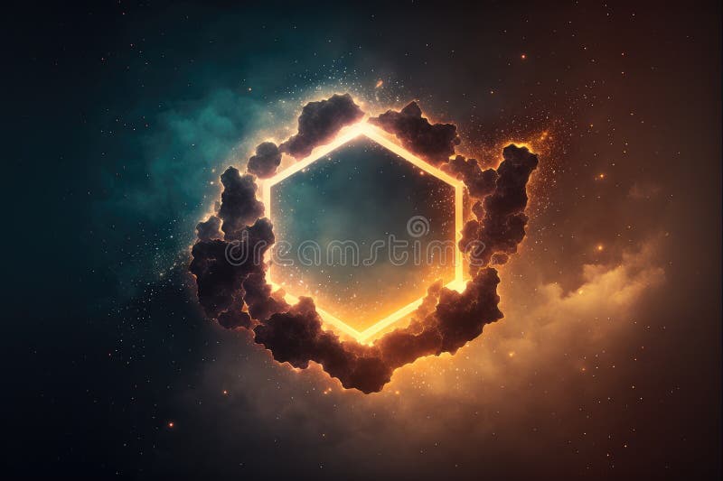 Abstract Design of Hexagon Shape Clouds with Dying Colorful Particles Explosion. Stock ...