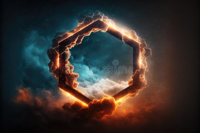 Abstract Design of Hexagon Shape Clouds with Dying Colorful Particles Explosion. Stock ...