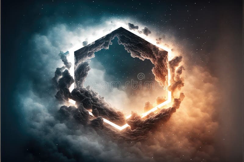 Abstract Design of Hexagon Shape Clouds with Dying Colorful Particles Explosion. Stock ...