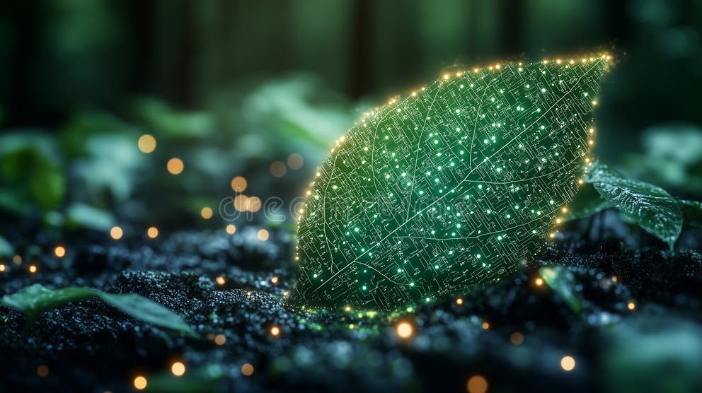 Abstract Design of Leaf Transforming into Digital Form, Glowing with ...