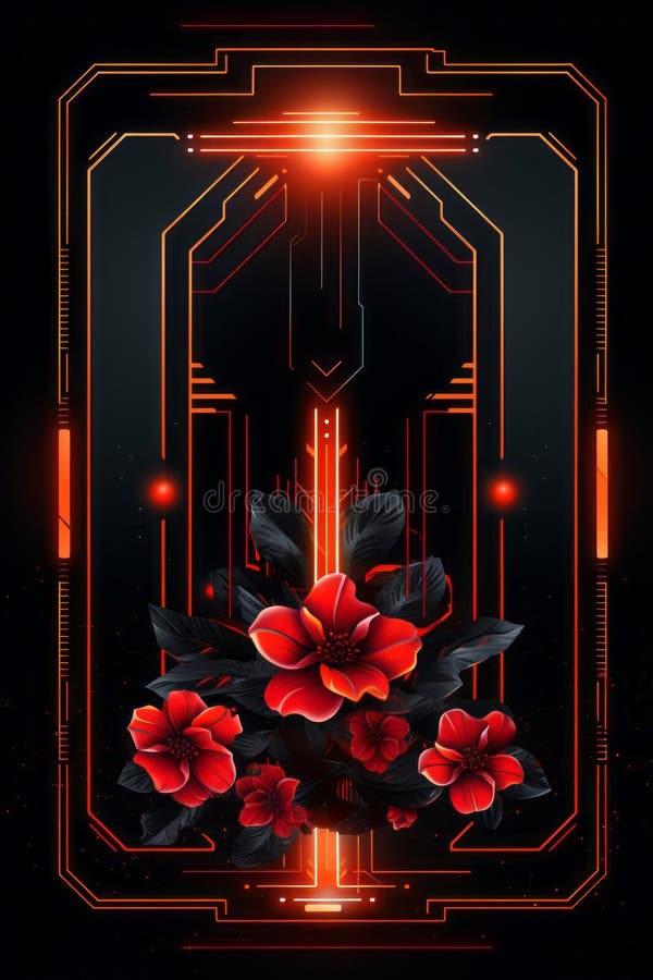 An Abstract Design with Red Flowers on a Black Background Stock ...