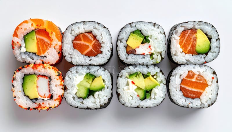 Top View of Delicious Sushi Rolls with Rice and Salmon Placed on White ...