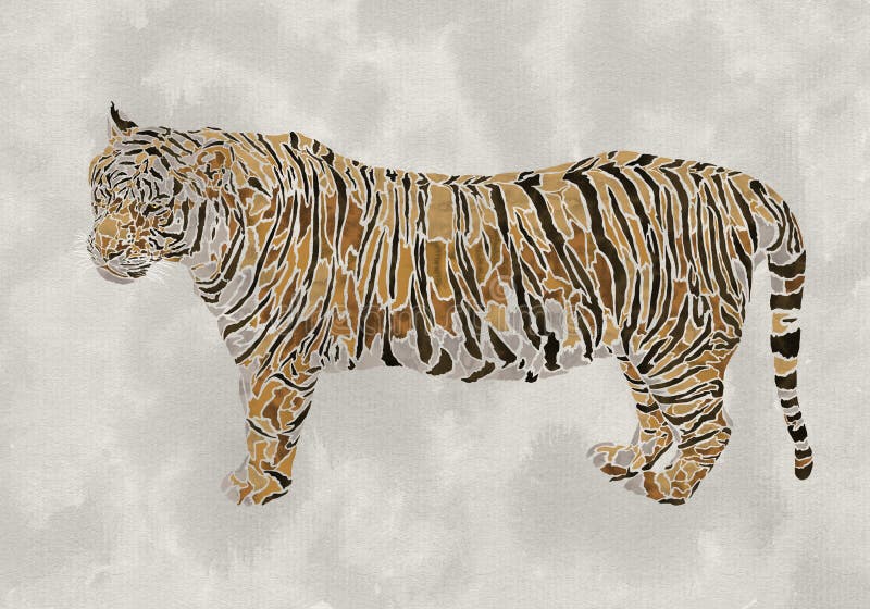 Abstract Design of a Standing Tiger with Texture of Watercolor Stains ...