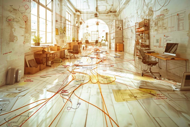 Abstract Design Studio with Red Lines Connecting Ideas on the Floor and ...