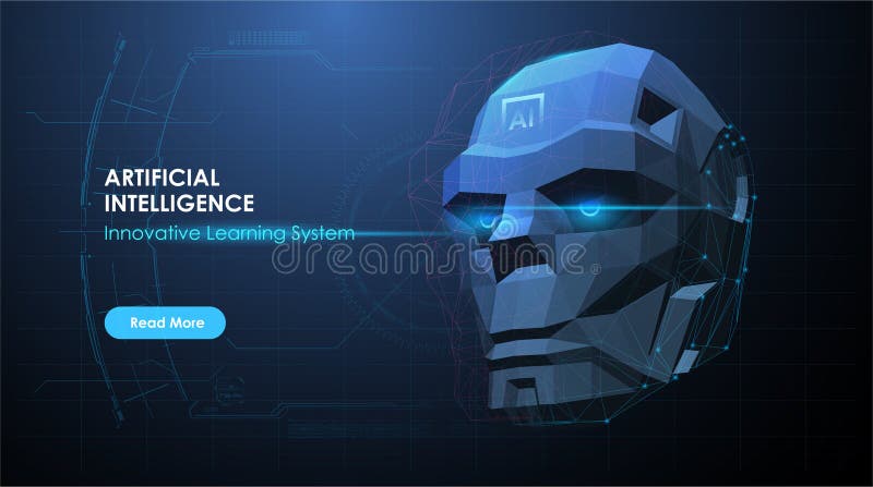 Abstract Digital AI Face. Robot Head in Digital Computer Interpretation ...