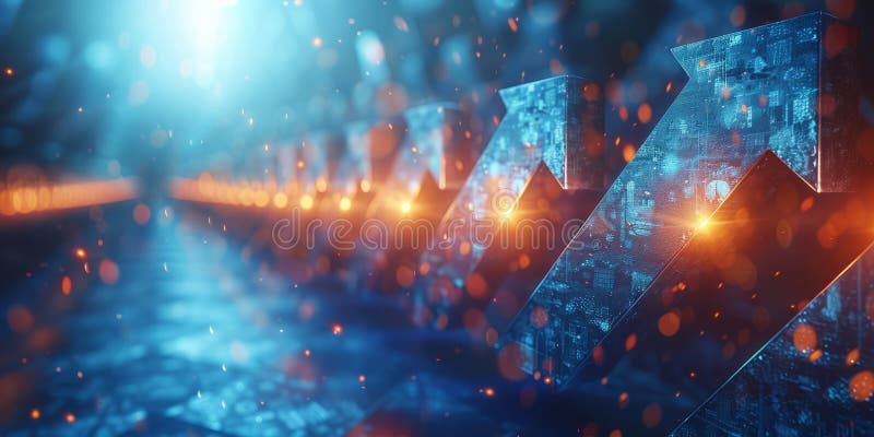 Abstract Digital Arrows Pointing Upwards with Glowing Blue and Orange ...