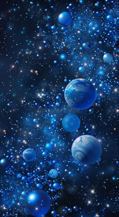 Abstract Digital Art of Blue Planets and Stars in a Cosmic Space ...