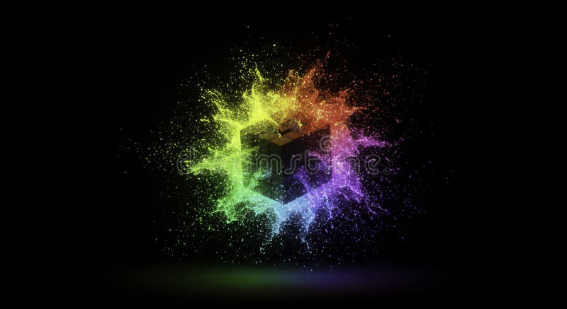 Rainbow Cube Explosion: Abstract 3D Render of a Black Cube Surrounded ...