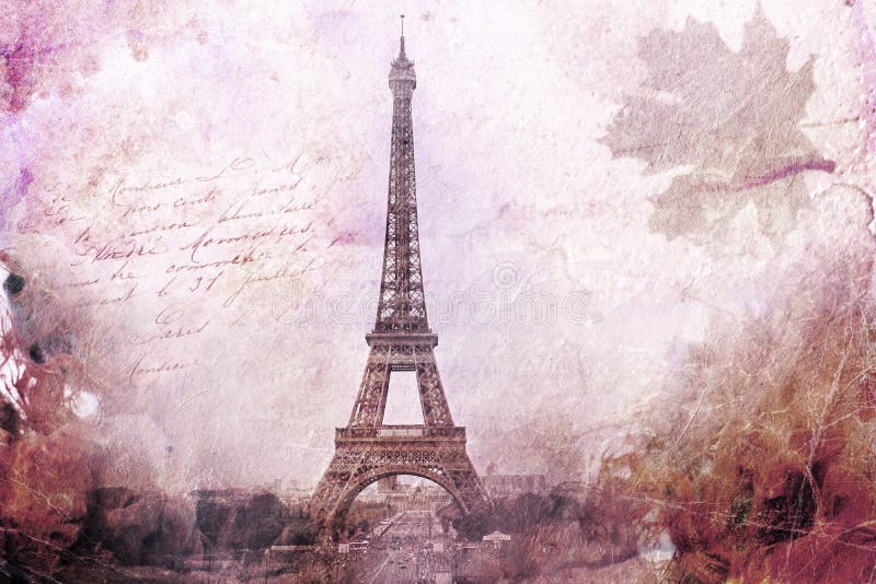 Abstract Digital Art of Eiffel Tower in Paris, Purple. Old Paper ...
