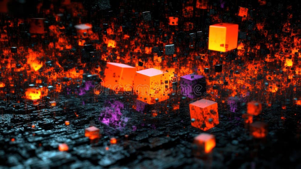 Glowing Cubes Falling into Fiery Abyss: Abstract 3D Render Stock ...