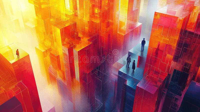 Abstract Digital Art of Figures Walking through a Bright Colorful and ...