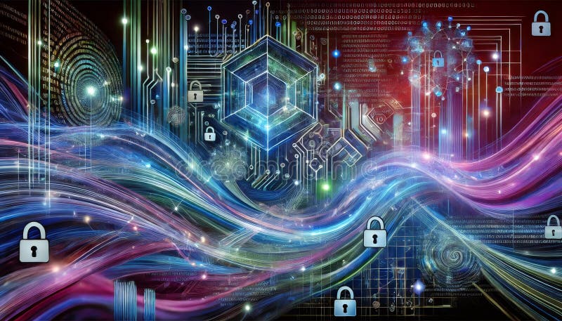 Abstract Digital Art with Glowing Lines and Cybersecurity Symbols Stock ...