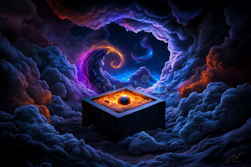 Abstract Digital Art with a Glowing Orb in a Box Surrounded by Swirling ...