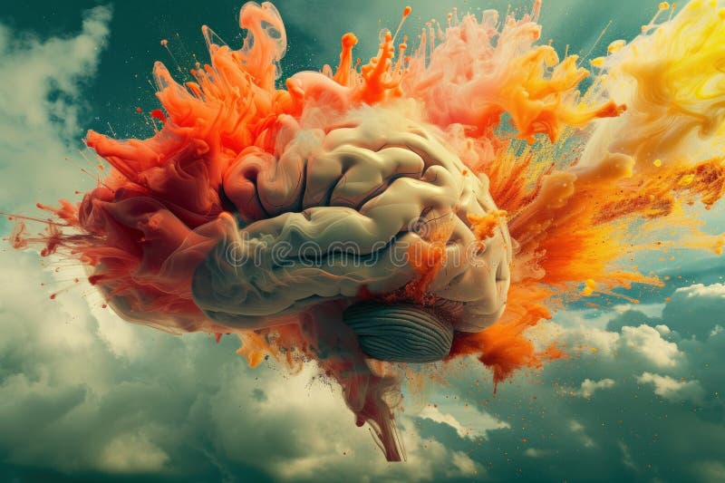 Abstract Digital Art of a Human Brain Bursting with Vibrant Orange ...