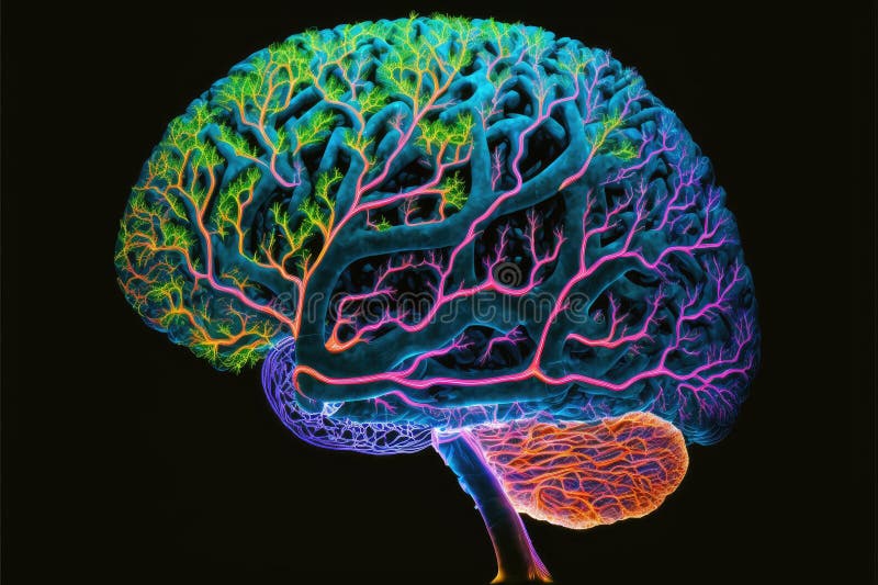 Abstract Art of Neon Light Brain with Nerves Isolated on Black ...