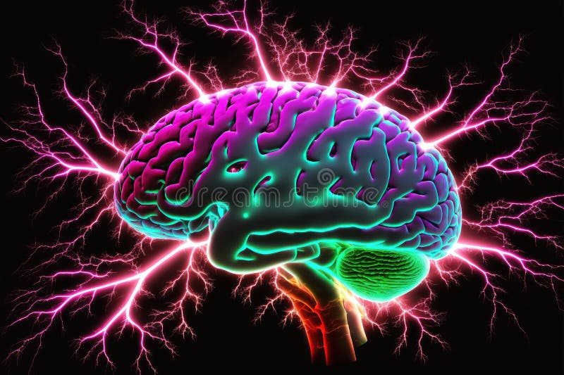 Abstract Art of Neon Light Brain with Nerves Isolated on Black ...