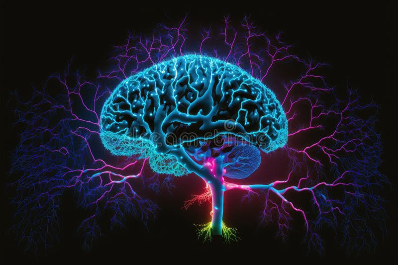 Abstract Art of Neon Light Brain with Nerves Isolated on Black ...
