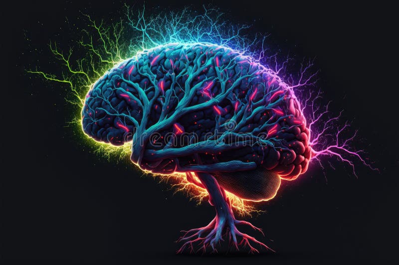 Abstract Art of Neon Light Brain with Nerves Isolated on Black ...
