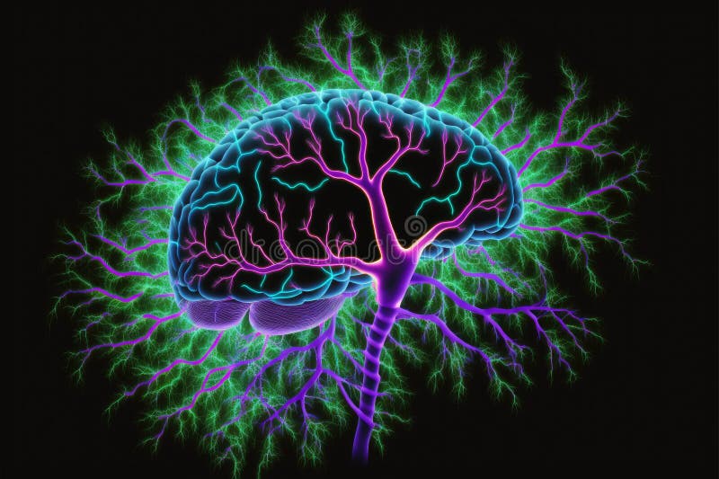 Abstract Art of Neon Light Brain with Nerves Isolated on Black ...