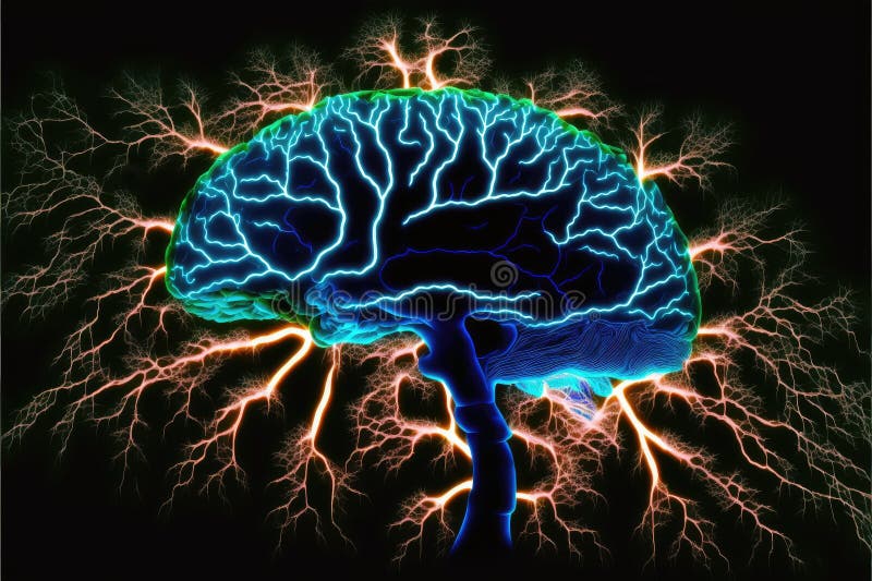 Abstract Art of Neon Light Brain with Nerves Isolated on Black ...