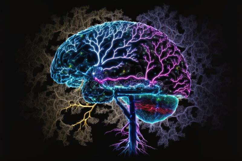Abstract Art of Neon Light Brain with Nerves Isolated on Black ...