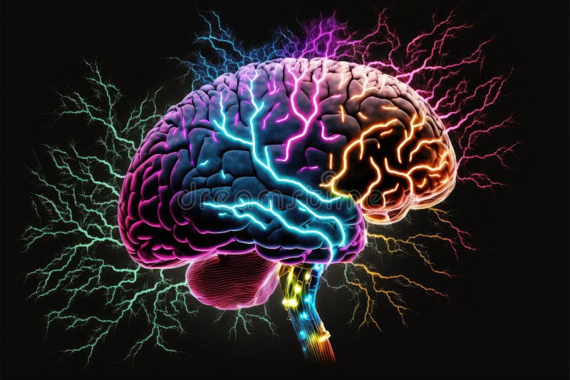 Abstract Art of Neon Light Brain with Nerves Isolated on Black ...