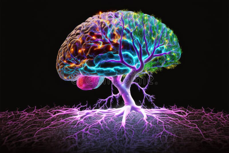 Abstract Art of Neon Light Brain with Nerves Isolated on Black ...