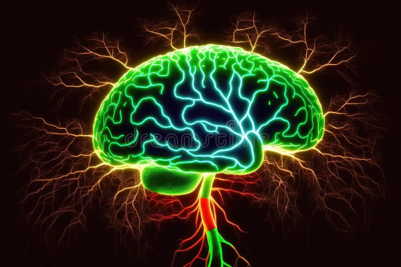 Abstract Art of Neon Light Brain with Nerves Isolated on Black ...
