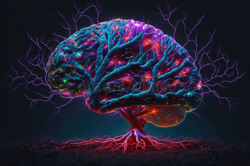 Abstract Art of Neon Light Brain with Nerves Isolated on Black ...