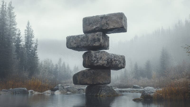 Stone Blocks Stacked by Misty Forest Water Stock Illustration ...