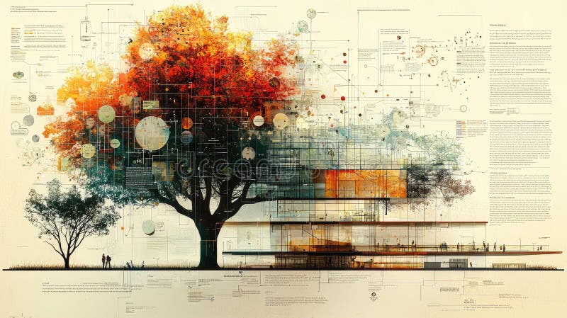 Abstract Digital Art with Tree Building and Graphic Patterns Stock ...