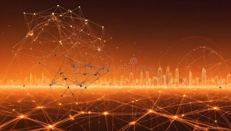 Abstract Digital Artwork of a Cityscape with a Glowing Orange Network ...