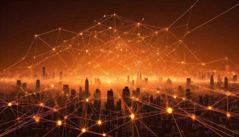 Abstract Digital Artwork of a Cityscape with a Glowing Orange Network ...