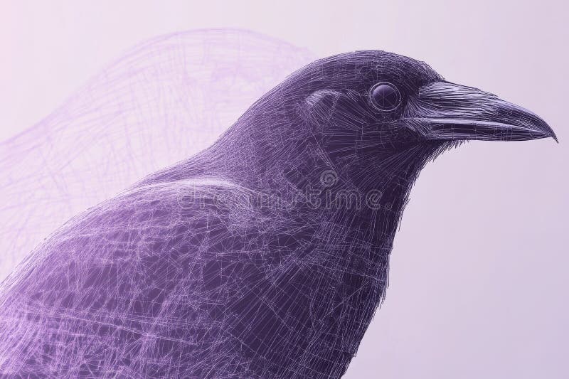Abstract Digital Artwork of a Crow in Purple Tones with Intricate Line ...