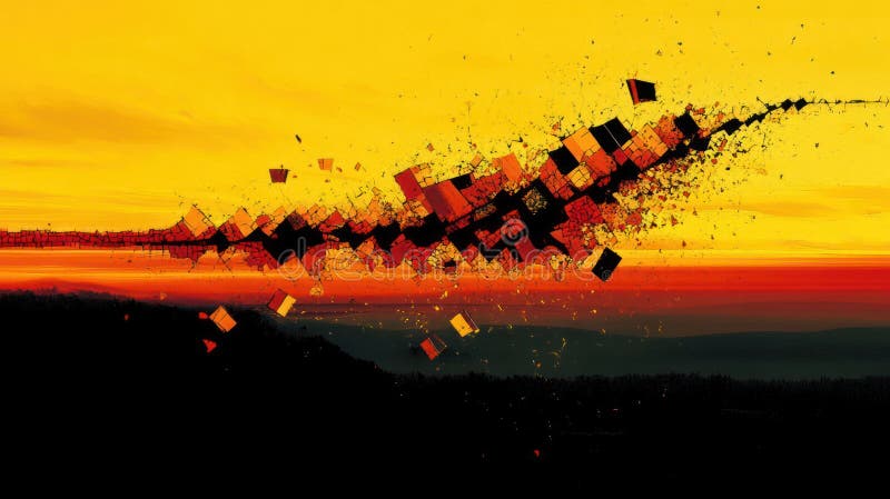 Abstract Digital Artwork Depicting a Vibrant Sunset with Fragmented ...