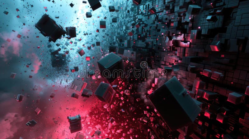 Abstract Digital Artwork of Exploding Black Cubes in Blue and Red ...