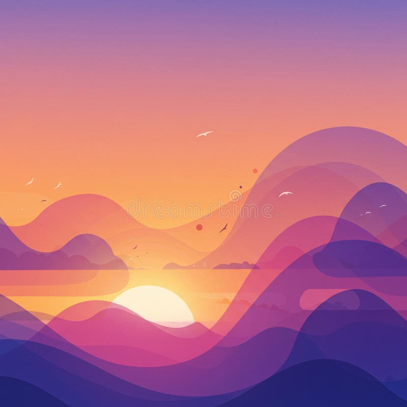 Abstract Digital Artwork Features a Sunset Over Stylized Mountains with ...