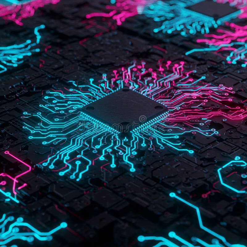 Abstract Digital Artwork Featuring a Black Microchip at the Center ...