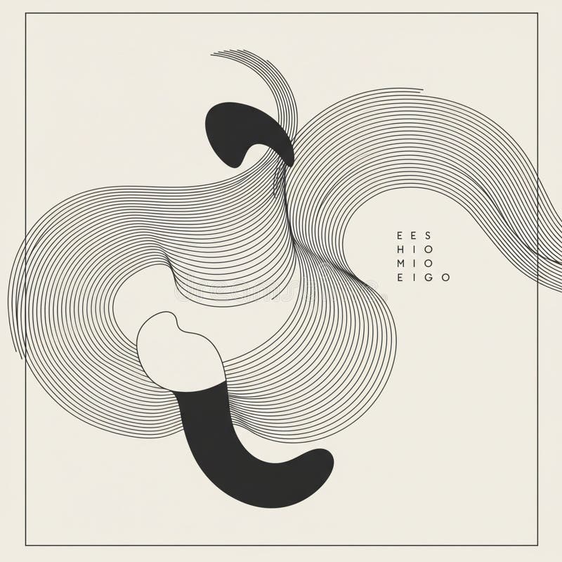 Abstract Digital Artwork Featuring Flowing Black Lines on a Light Beige ...