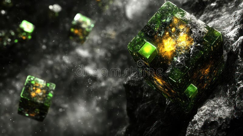 Abstract Digital Artwork Featuring Glowing Green and Yellow Cubes in a ...