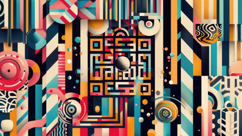 Abstract Digital Artwork Featuring a QR Code Surrounded by Vibrant ...