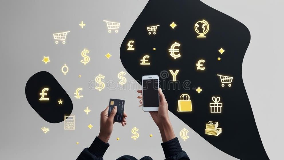 Abstract Mobile E-commerce Concept with Person and Currency Icons Stock ...