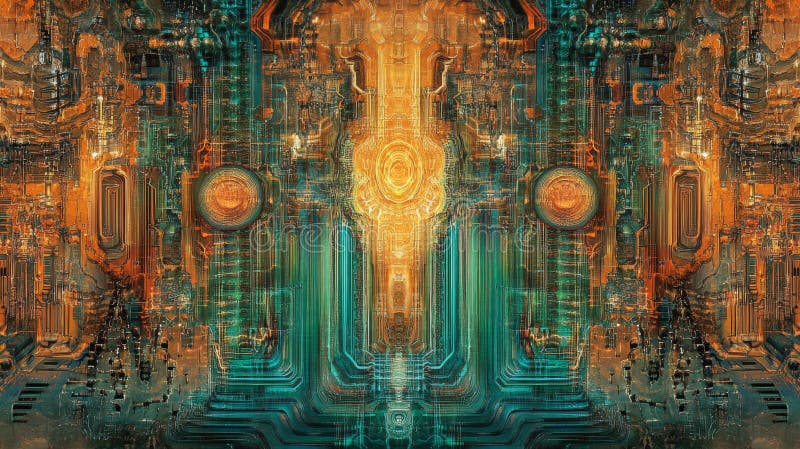 Abstract Digital Artwork: Teal and Golden Symmetrical Cityscape Stock ...