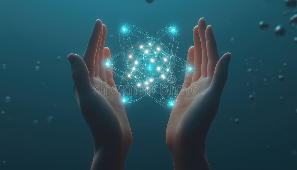 Abstract Digital Atom Being Held by Hands on a Blue Background Stock ...