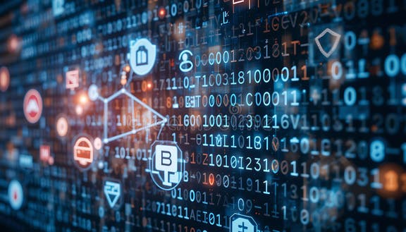 Abstract Digital Background with Binary Code and Security Icons ...