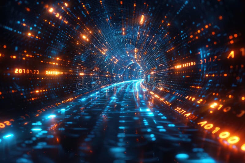 Abstract Digital Background with Blue Binary Code and Light Streaks on ...