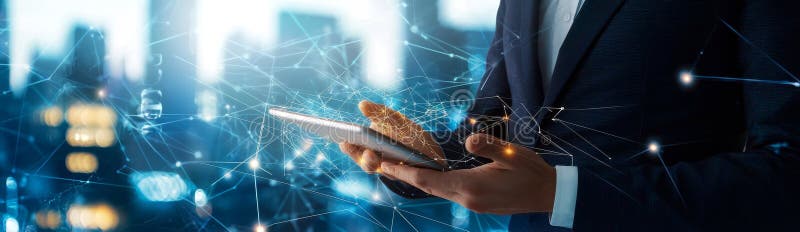 Abstract Digital Background with a Businessman Using a Tablet on a ...