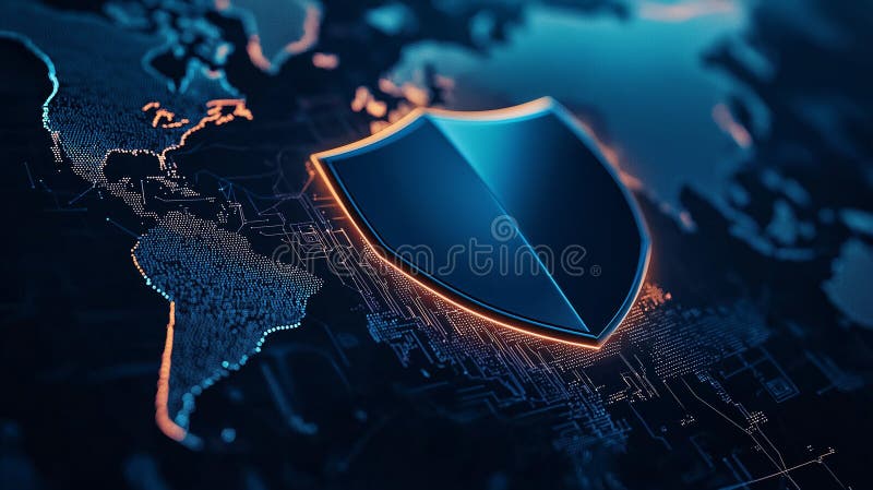 Abstract Digital Background Featuring Blue Shield Symbol Over World Map ...