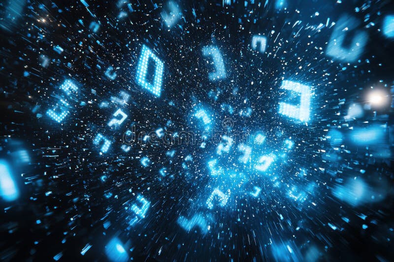 Abstract Digital Background with Glowing Blue Numbers and Light Rays ...