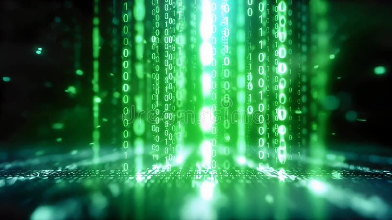 Abstract Digital Background with Glowing Green Binary Code Streams, Inspired by Matrix-style ...